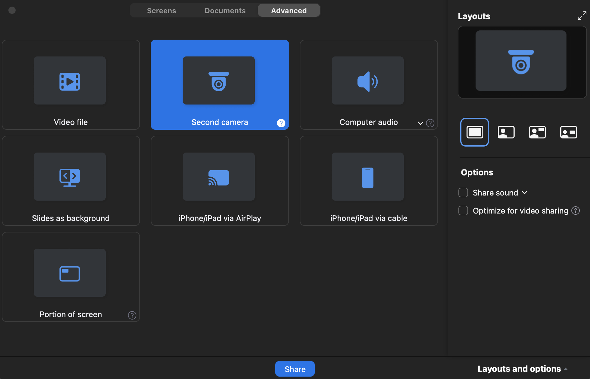 Sharing Content from a Second Camera in Zoom
